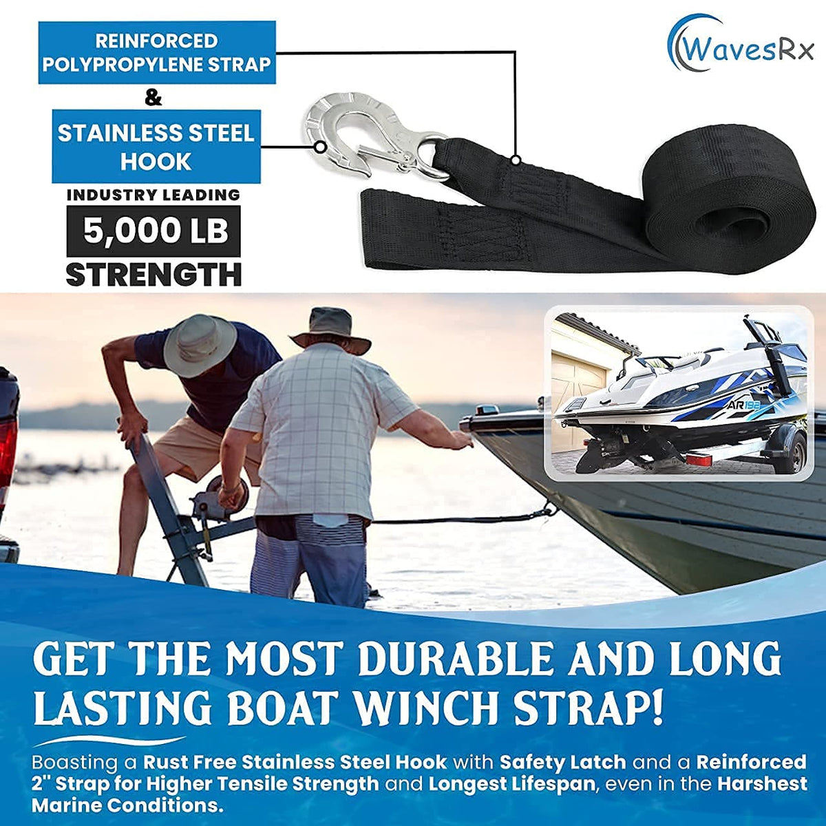 WAVESRX Premium Boat and Jet Ski Trailer Winch Strap + 2PK 24" Transom ...
