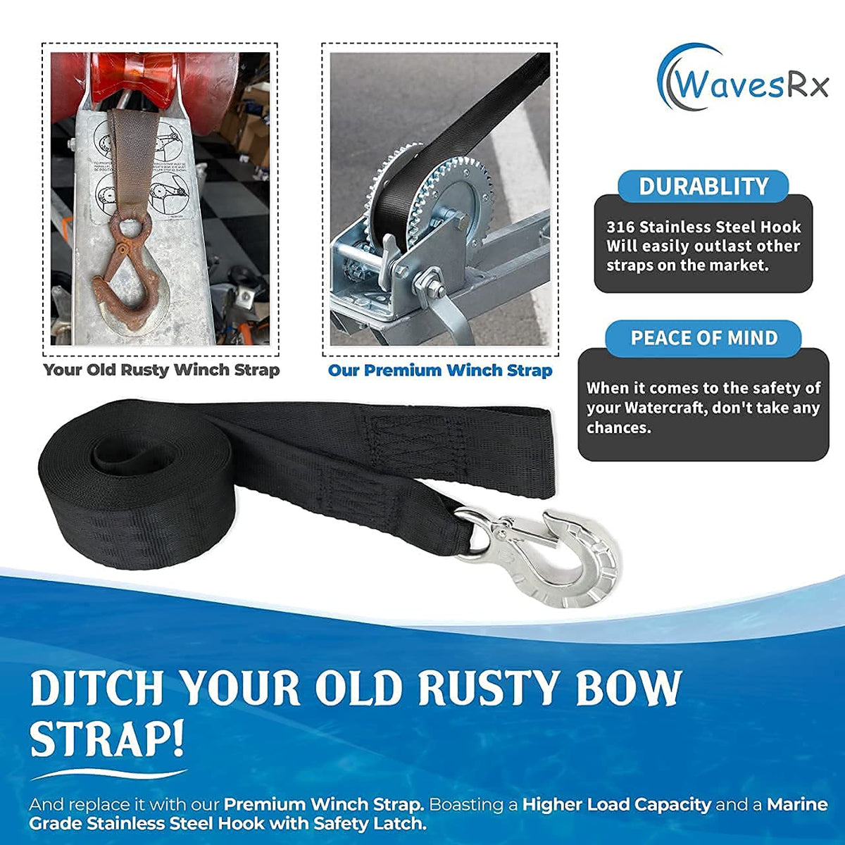 WAVESRX Premium Boat and Jet Ski Trailer Winch Strap + 2PK 48" Transom ...